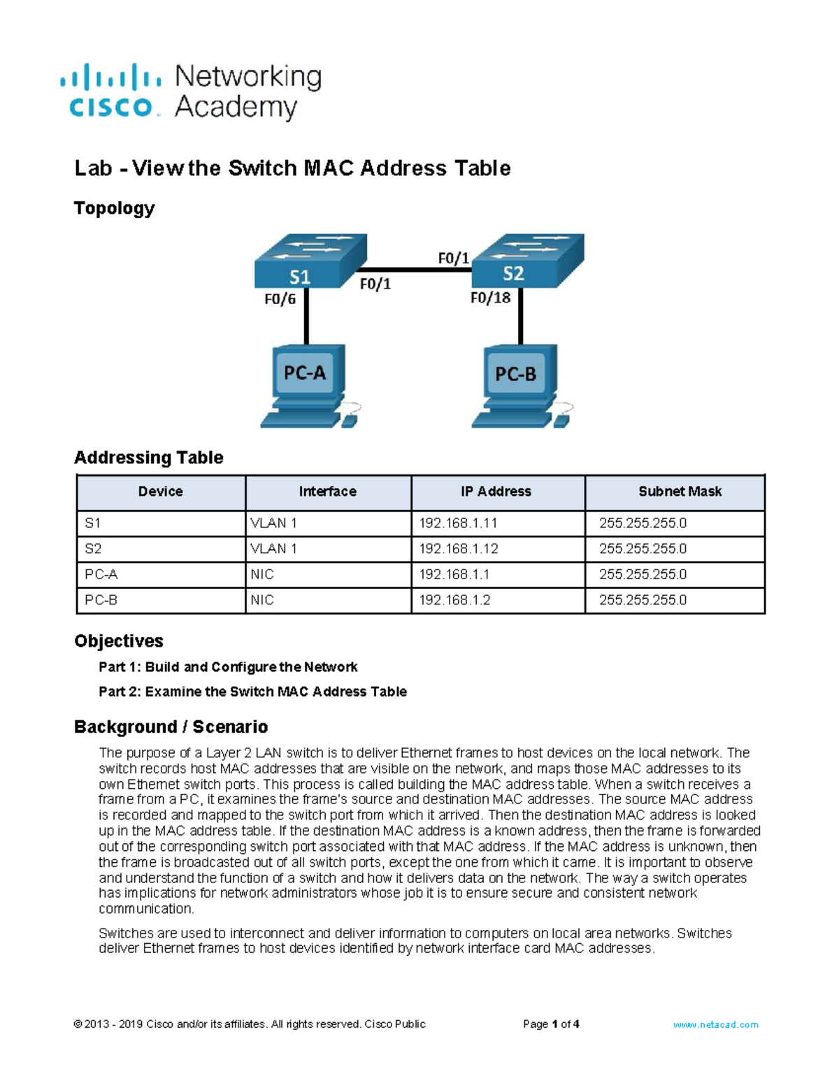 7 - lkfdsjlfjadslf - Lab - View the Switch MAC Address Table Topology ...