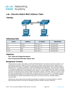 9 - 123lkj - Packet Tracer - Examine the ARP Table Addressing Table ...