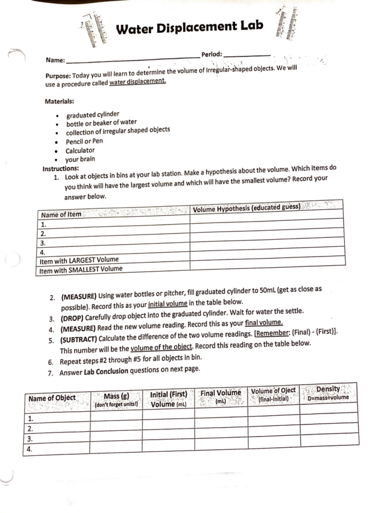 Water displacement lab - 4 't .}.~\ ~~ - , ,.: Water Displacement L~b ...