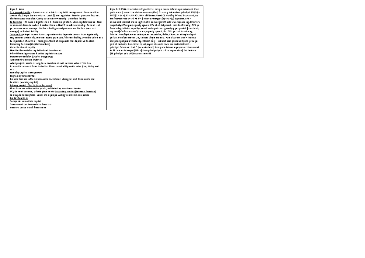BSNS 114 Cheat Sheet - free premium - Topic 2+3: TVM. Interest rate ingredients: risk premium ...