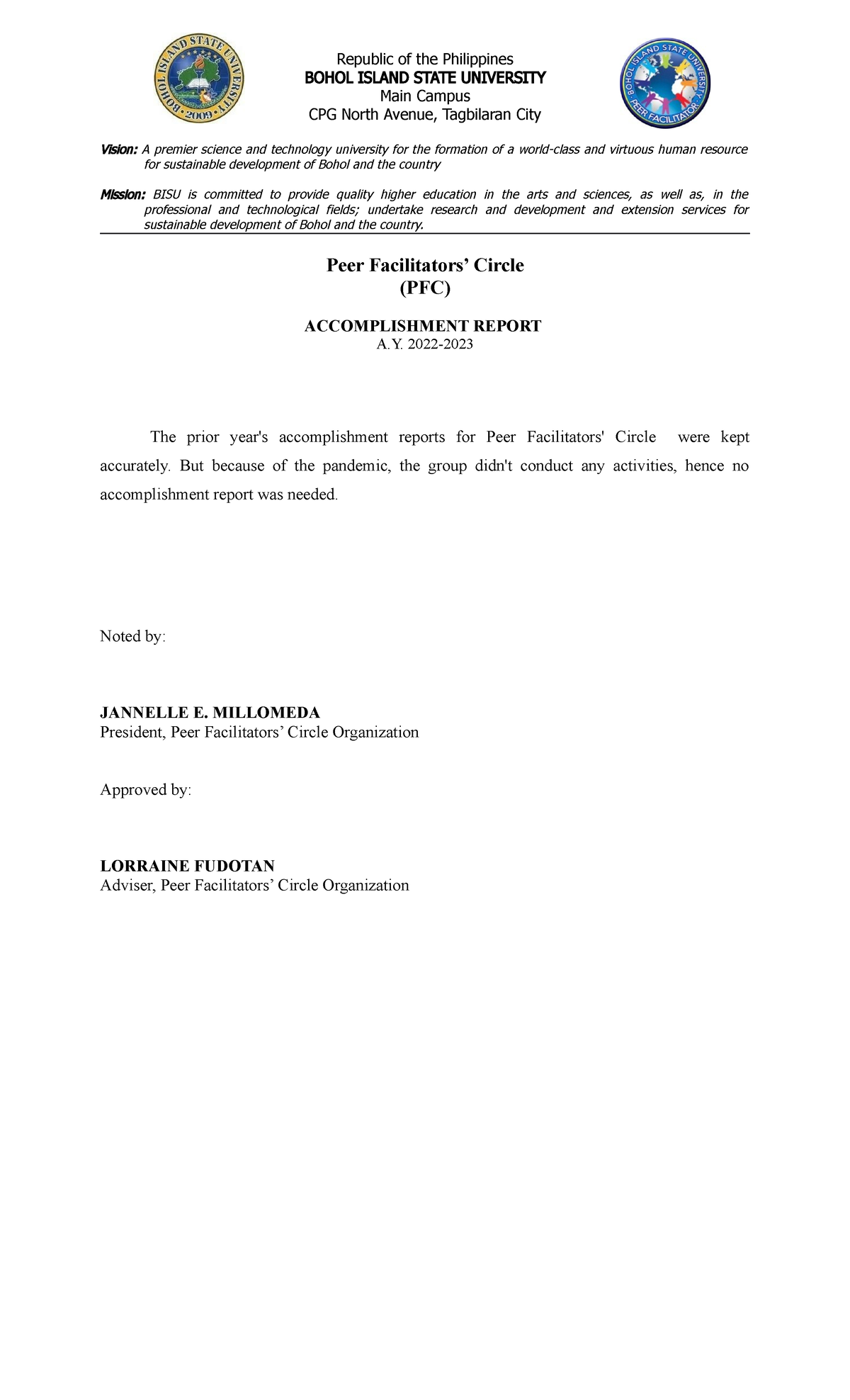 Lacking - Sample only - Republic of the Philippines BOHOL ISLAND STATE ...