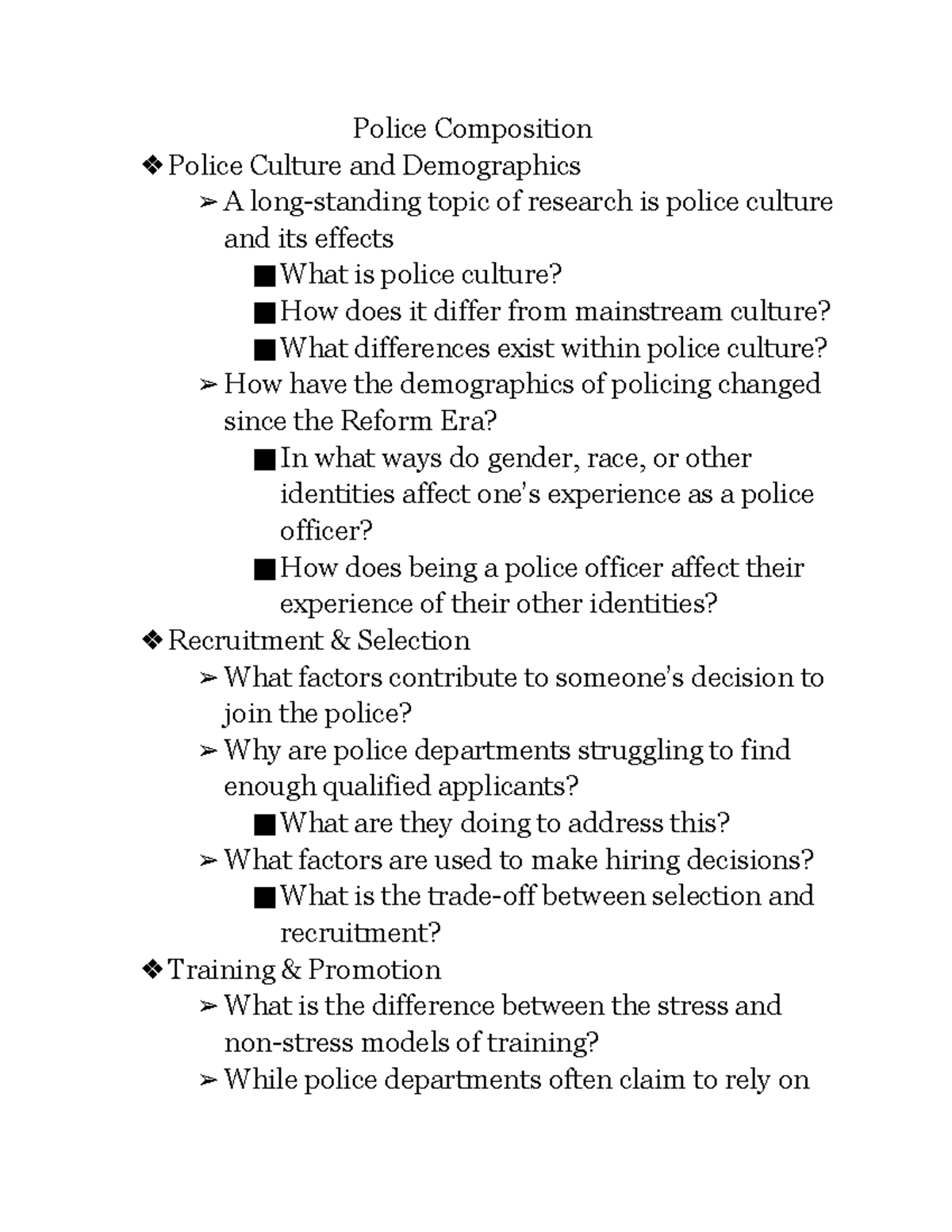 SOC L and P Police Comp Notes - Police Composition Police Culture and ...