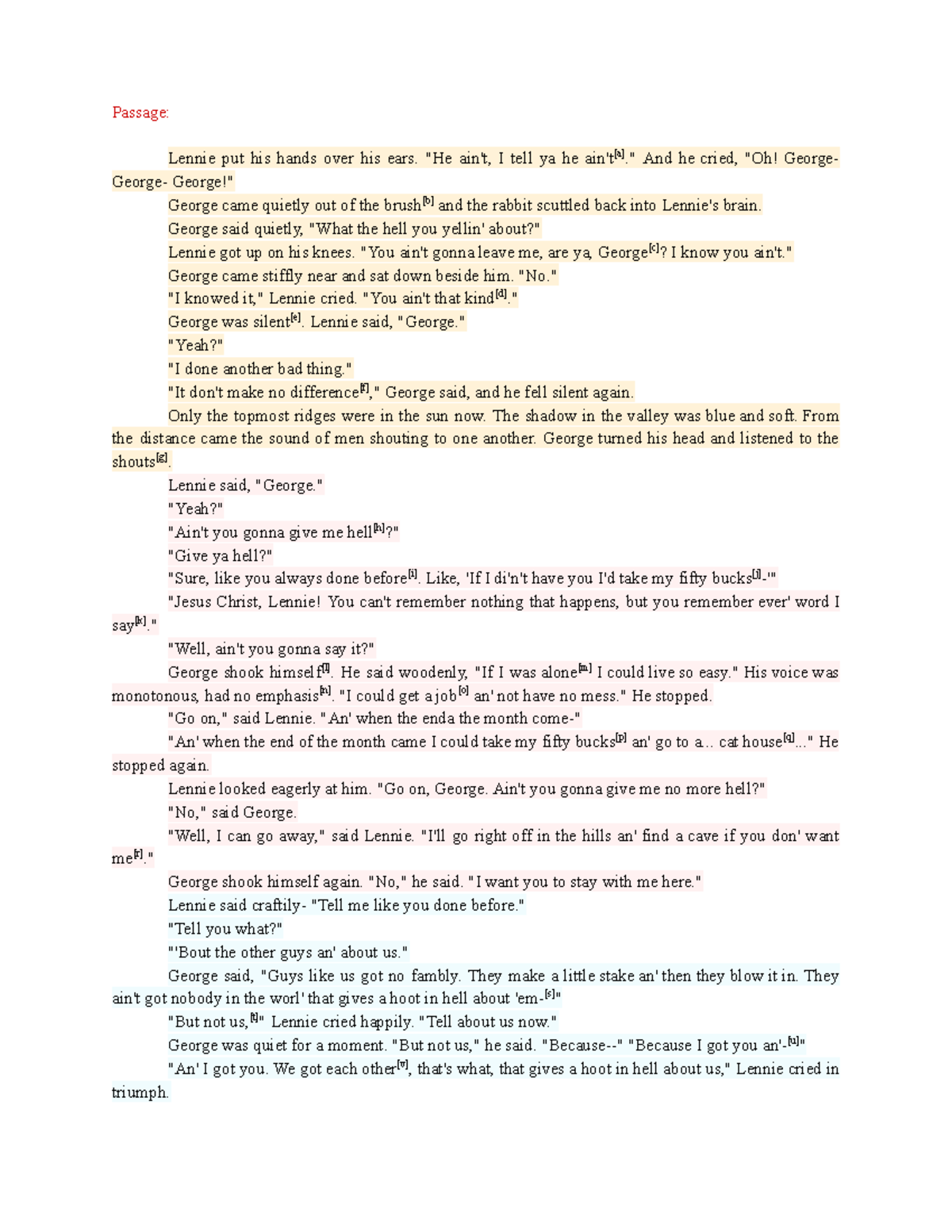 Of Mice and Men Annotations - Passage: Lennie put his hands over his ...