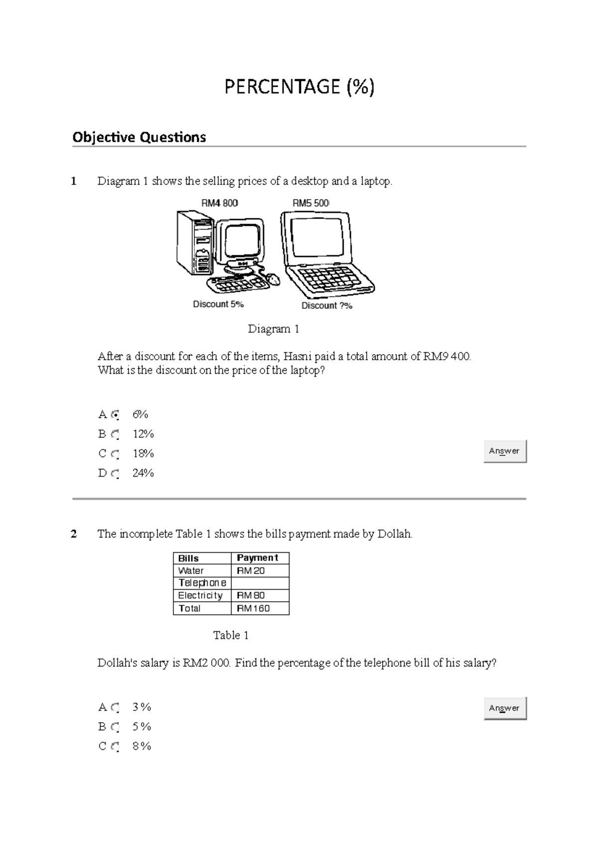 Modul maths percentage - PERCENTAGE (%) Objec琀椀ve Ques琀椀ons 1 Diagram 1 ...