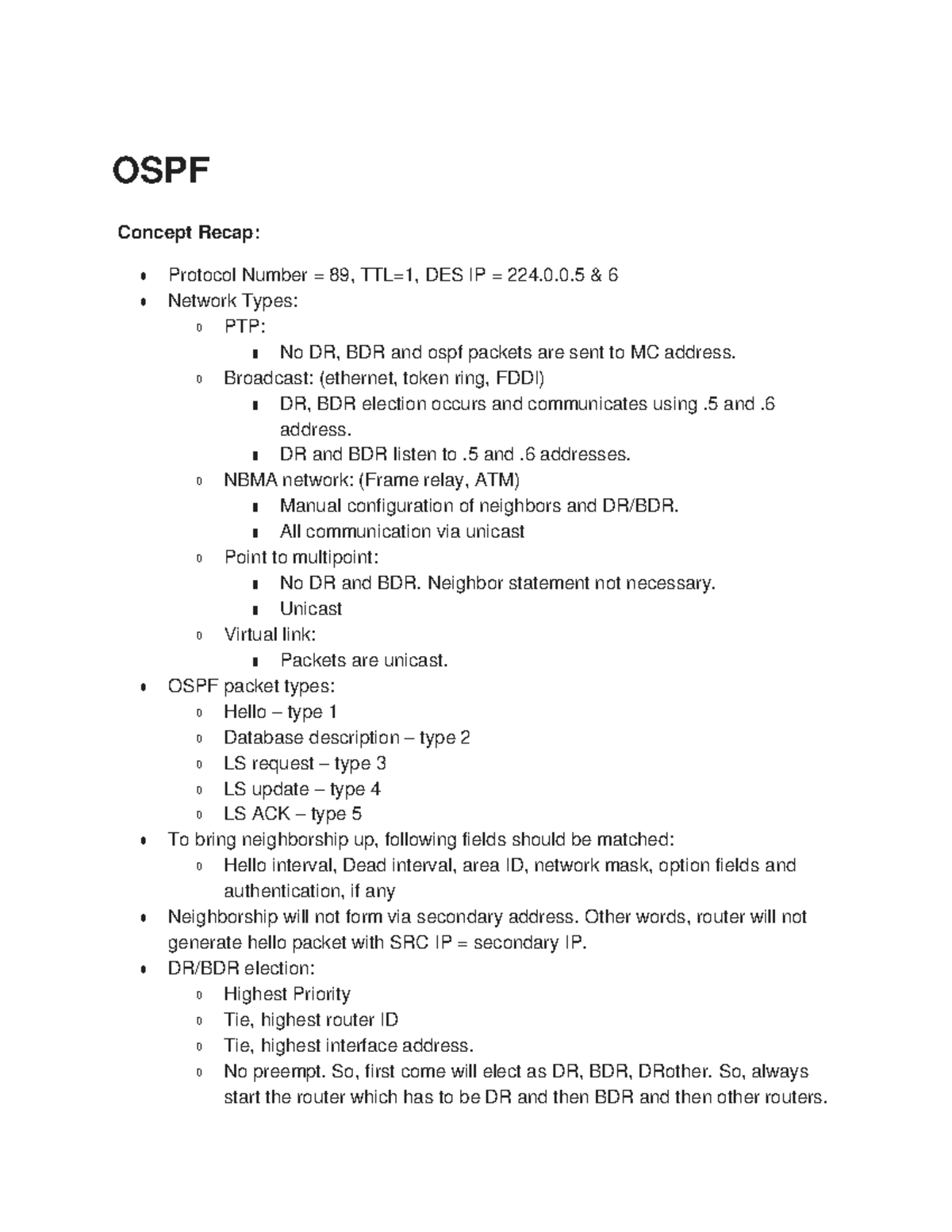 Networking Protocols 1 Ospf Concept Recap Protocol Number 89 Ttl 1 Des Ip 224 0 0 And 6