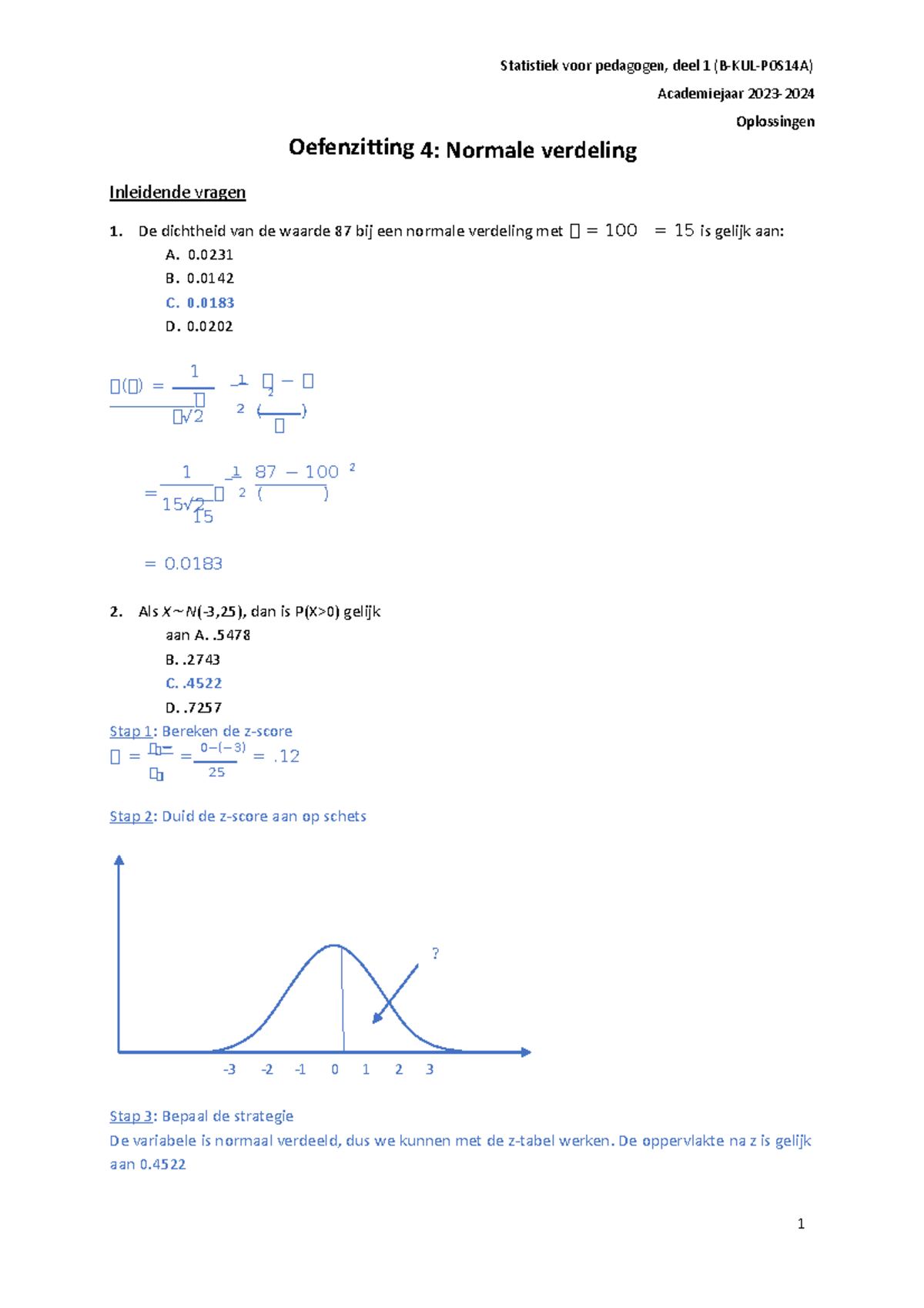 Oefenzitting 4 normale verdeling oplossingen - Statistiek voor ...