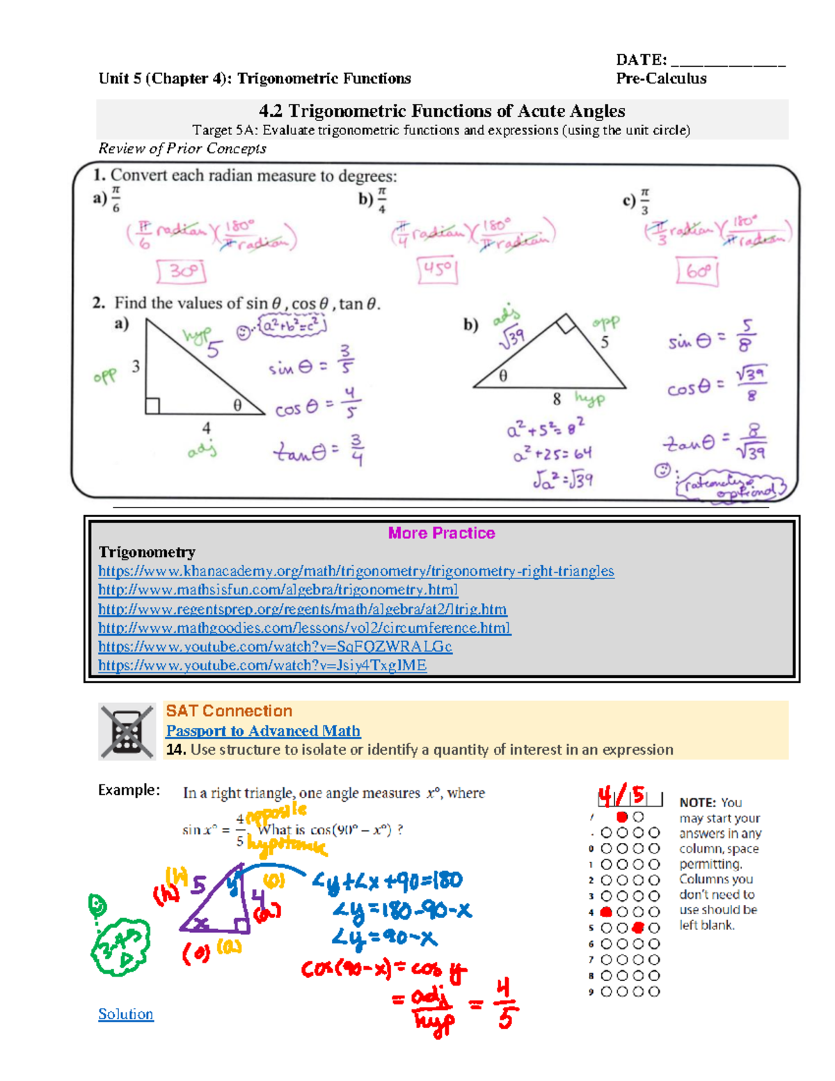 Trigonometry function - DATE: ______________ Unit 5 (Chapter 4): Trigonometric Functions - Studocu
