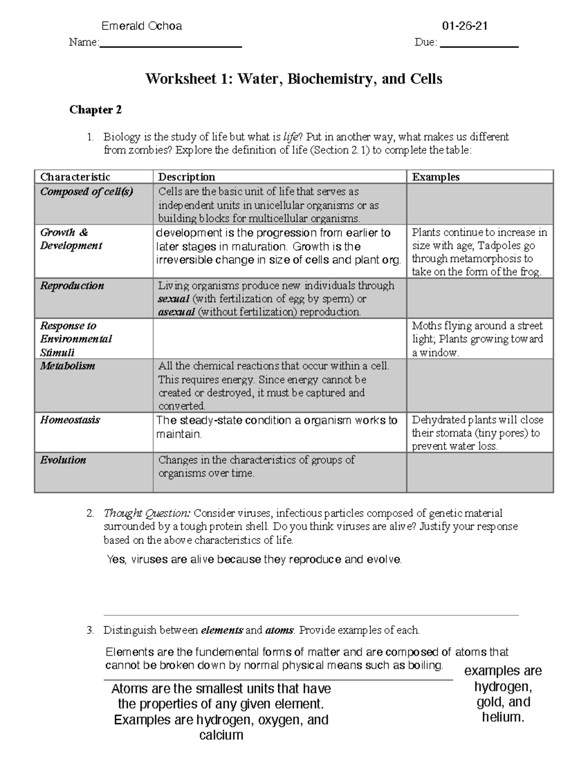 Worksheet 1 bio - Name: Due: Worksheet 1: Water, Biochemistry, and ...