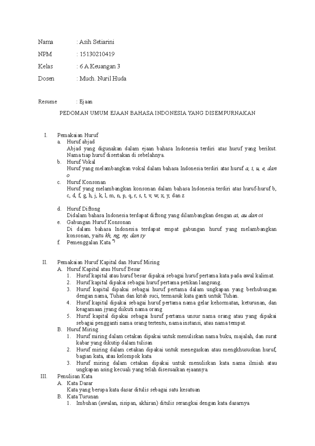 Resume Ejaan di Kaidah Bahasa Indonesia - Nama : Asih Setiarini NPM ...