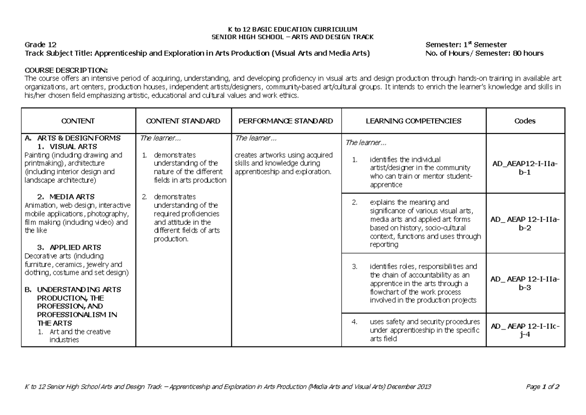 B. AD Apprenticeship and Exploration in Arts Production (Media Arts and ...
