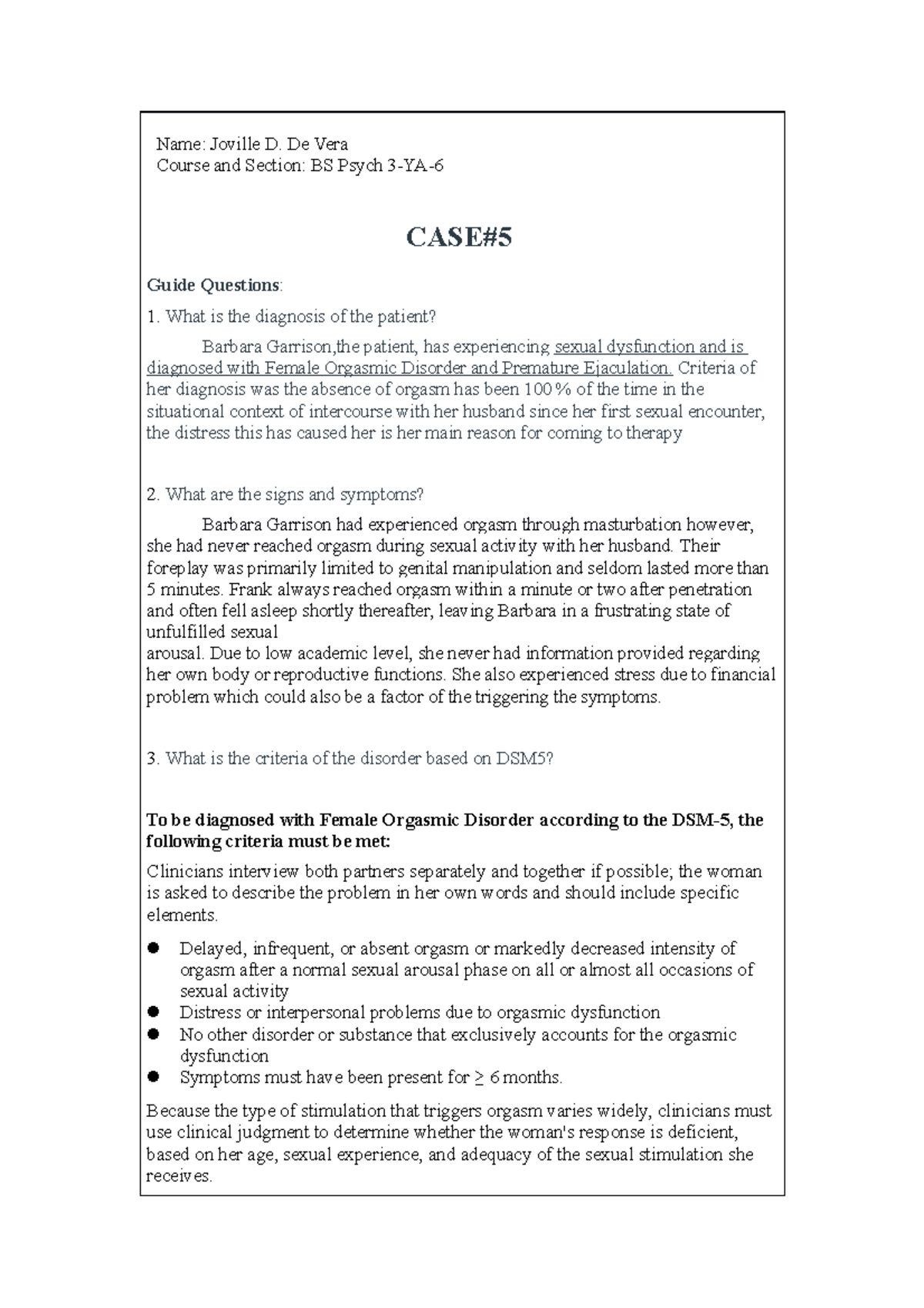 CASE#5 - this is a case study about sleep disorder - Name: Joville D ...
