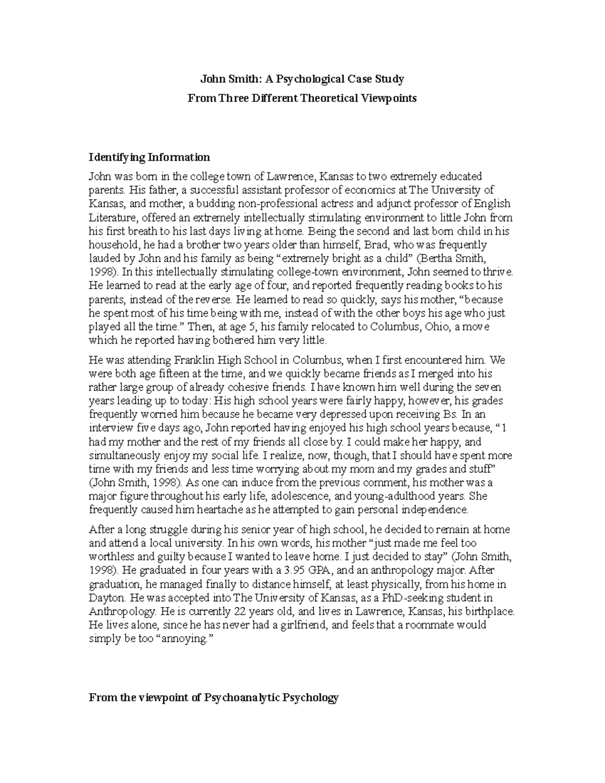 PSYC 120 - Sample Project Write-up - John Smith: A Psychological Case ...