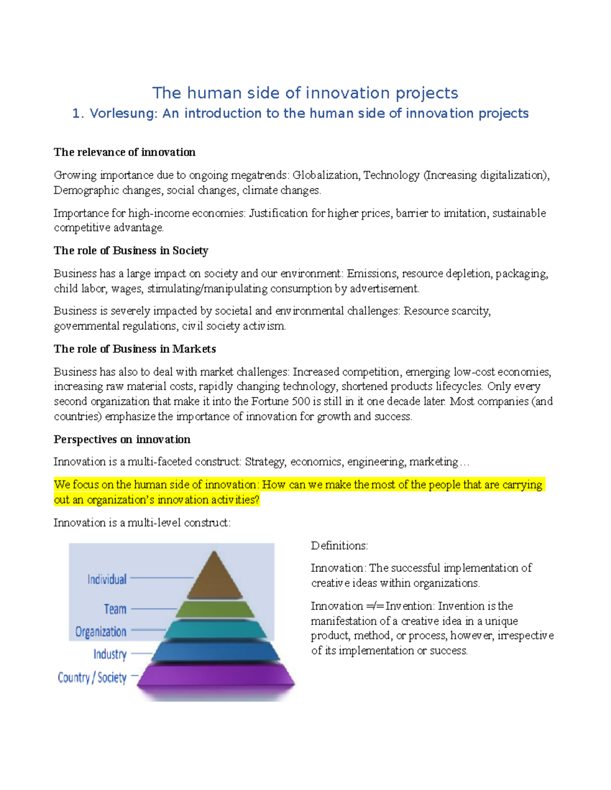 The human side of innovation projects - Vorlesung: An introduction to ...