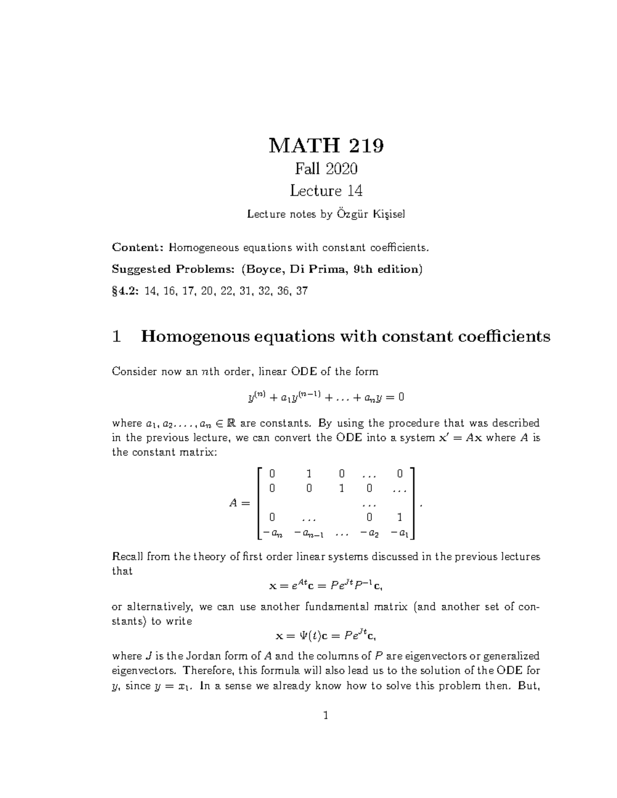 MATH219 Lecture 14 - MATH 219 Fall 2020 Lecture 14 ####### Lecture ...