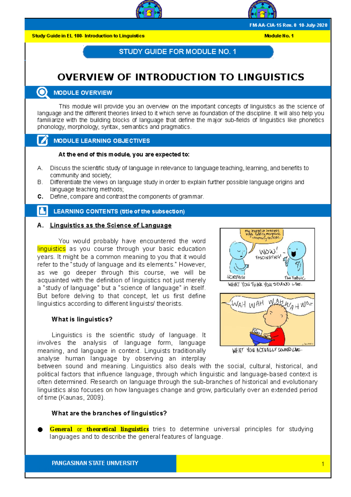 EL 100 Module 1 - BSE MAJOR IN ENGLISH - OVERVIEW OF INTRODUCTION TO LINGUISTICS MODULE OVERVIEW ...
