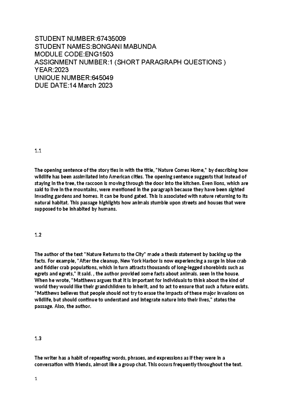 ENG1503 Assignment 1 - Essay - STUDENT NUMBER: STUDENT NAMES:BONGANI MABUNDA MODULE CODE:ENG ...