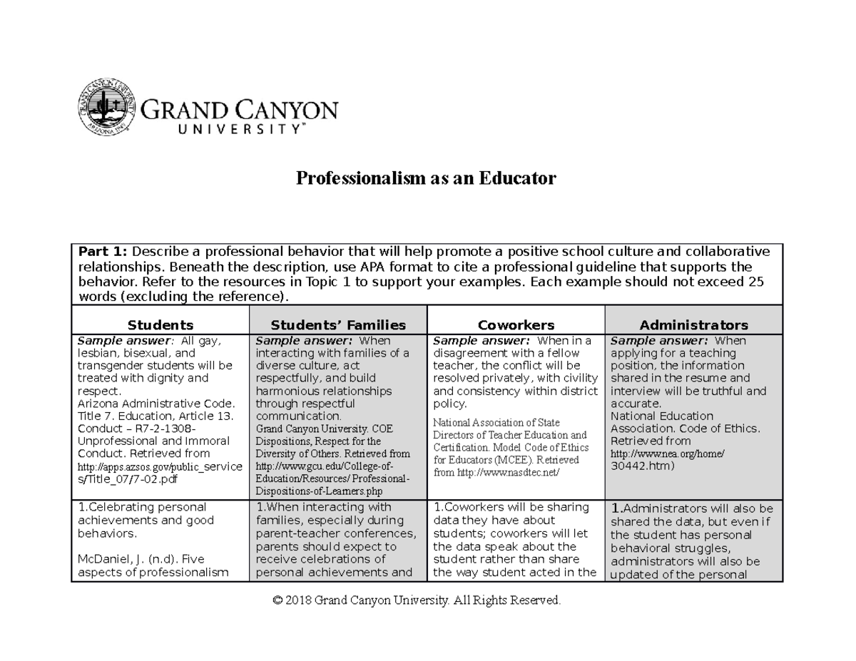 Professionalism as an Educator - Beneath the description, use APA ...