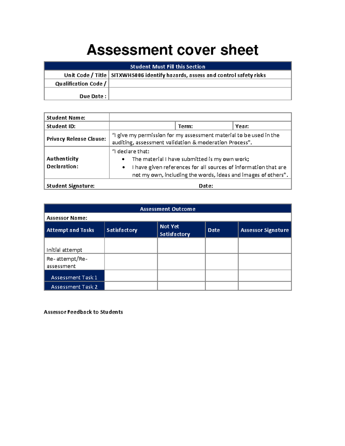 Sitxwhs 006 Student Assessment Tasks 1 - Assessment cover sheet Student ...