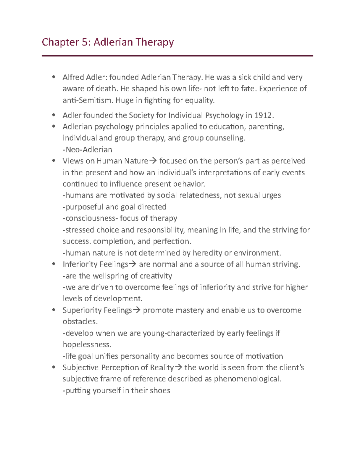 Chapter 5 - Chapter 5: Adlerian Therapy Alfred Adler: founded Adlerian ...