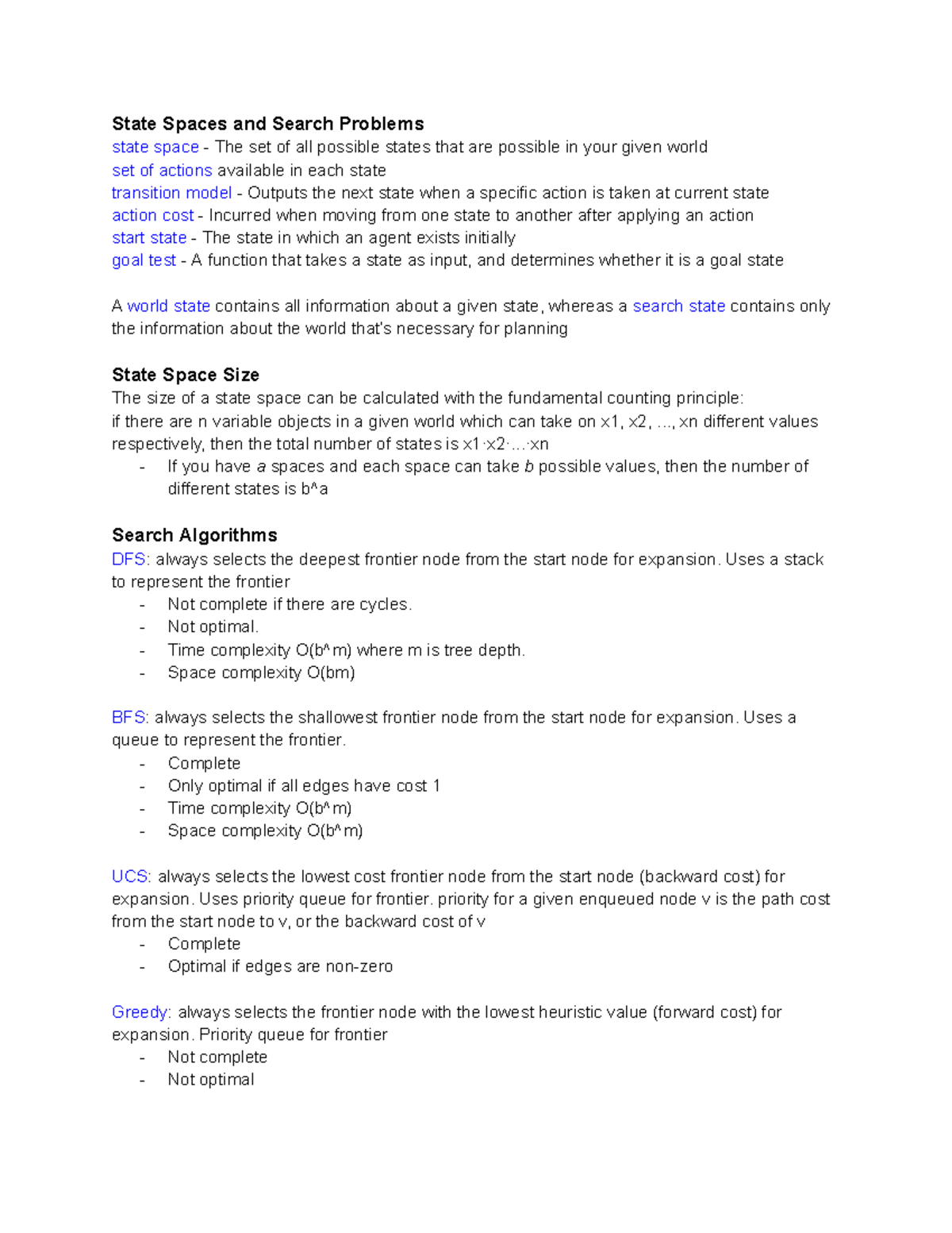 AI Course Summary - State Spaces and Search Problems state space - The ...