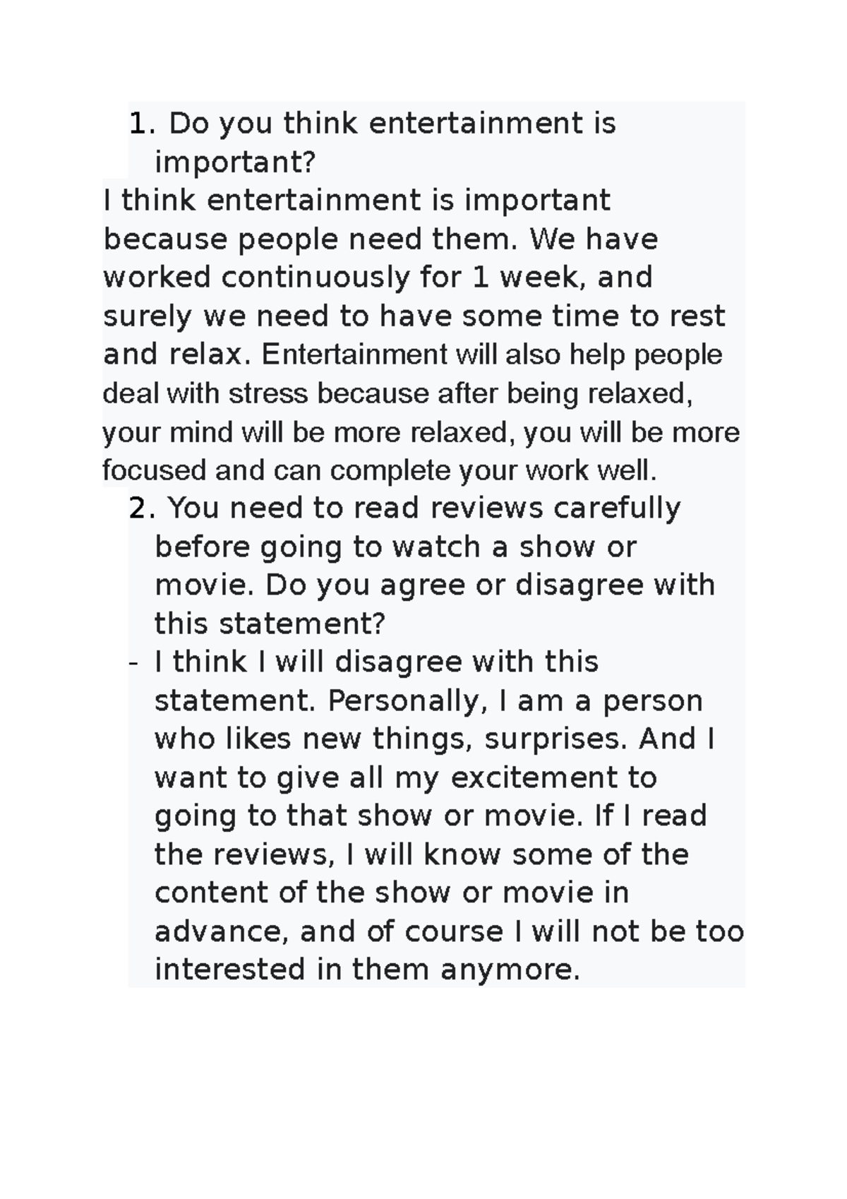 Entertainment - sdnfbvjhew - Do you think entertainment is important? I ...