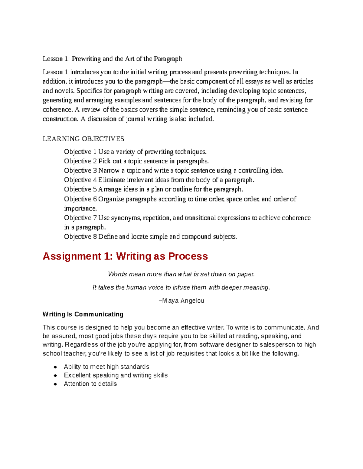 English Comp Lesson 1 Lecture Notes Penn Foster College Semester 1 ...