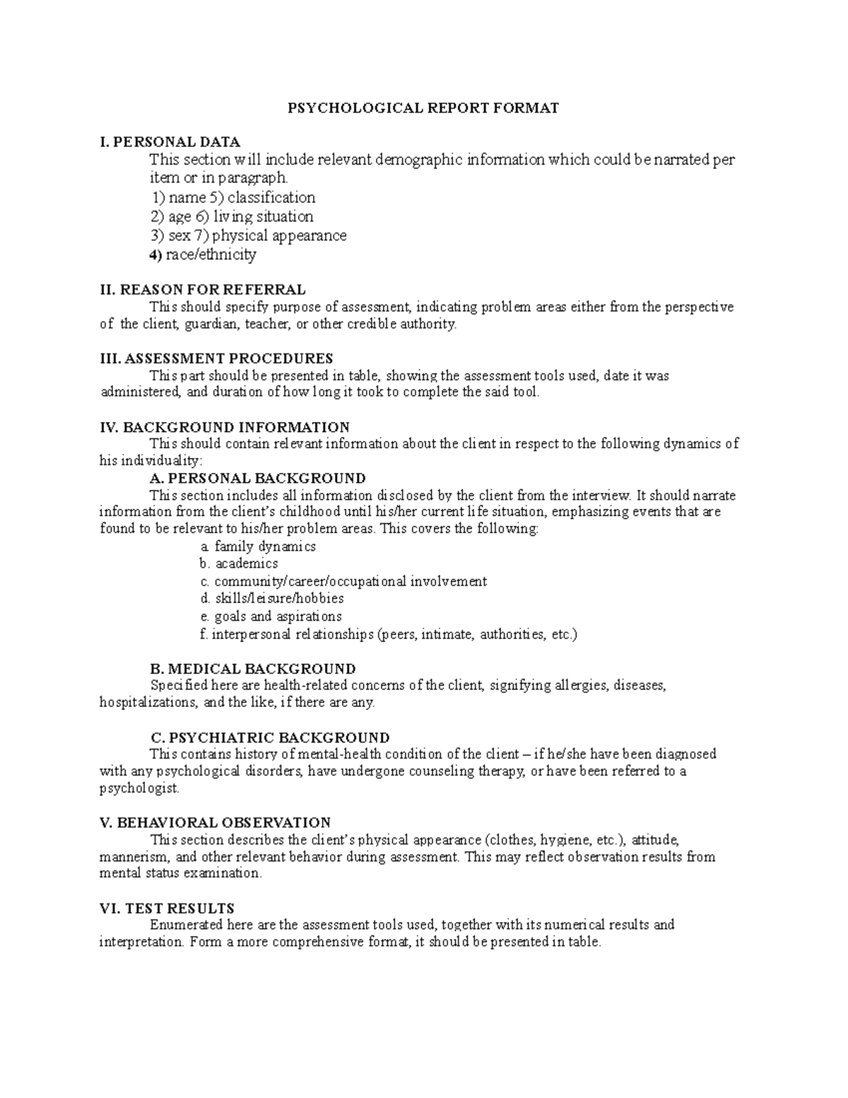 Psychological Report Format - PSYCHOLOGICAL REPORT FORMAT I. PERSONAL ...