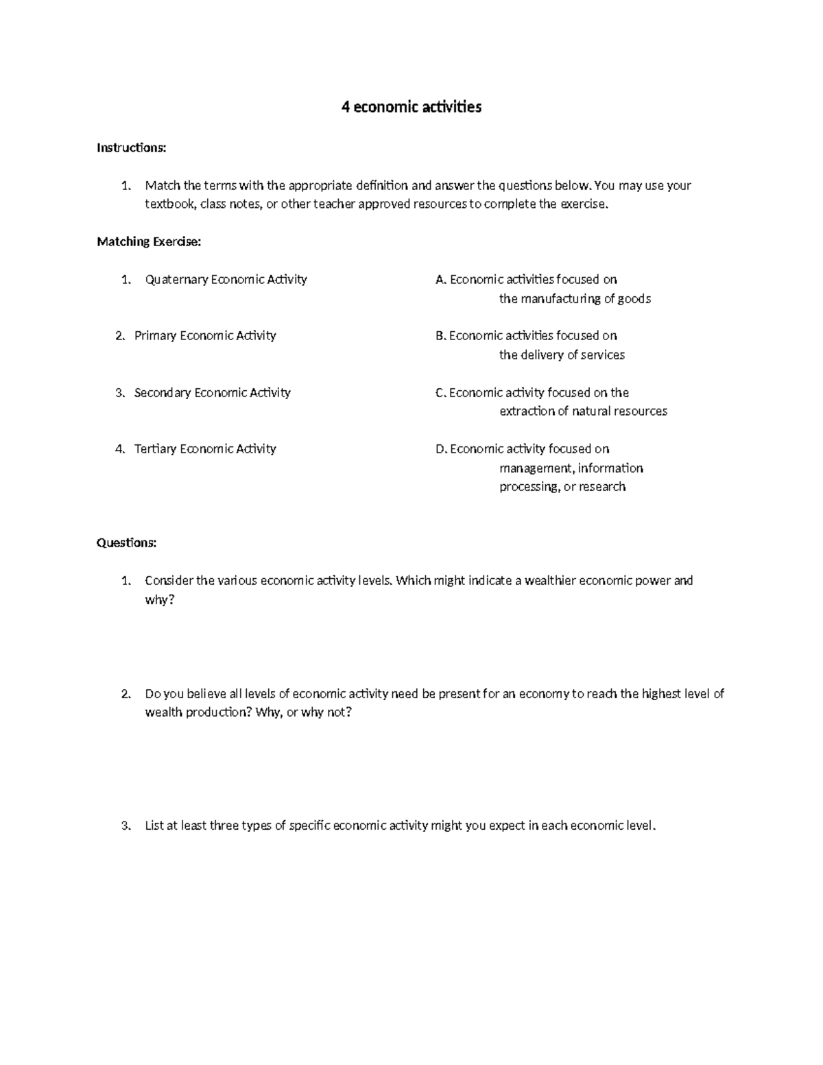 4 economic activities assignment - 4 economic activities Instructions ...