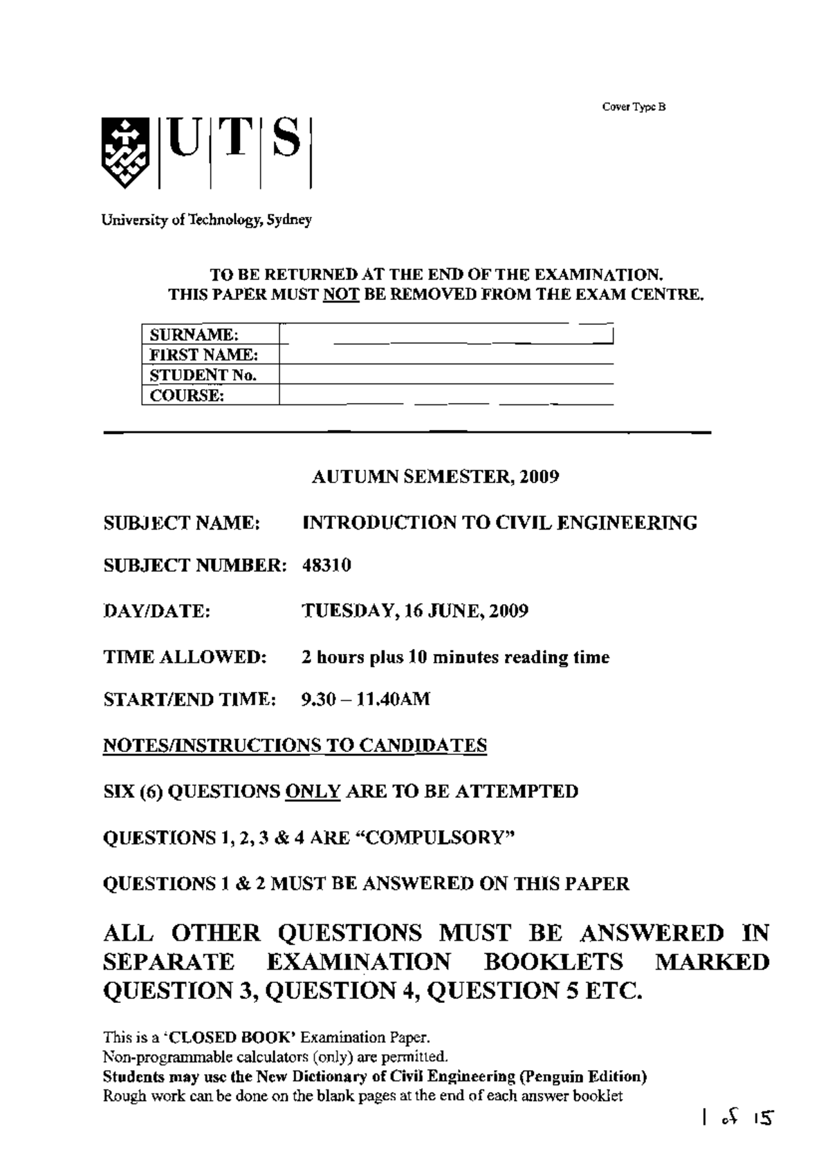 Civil Engineering 2009 aut past paper - Cover Type B ~UTS University of ...