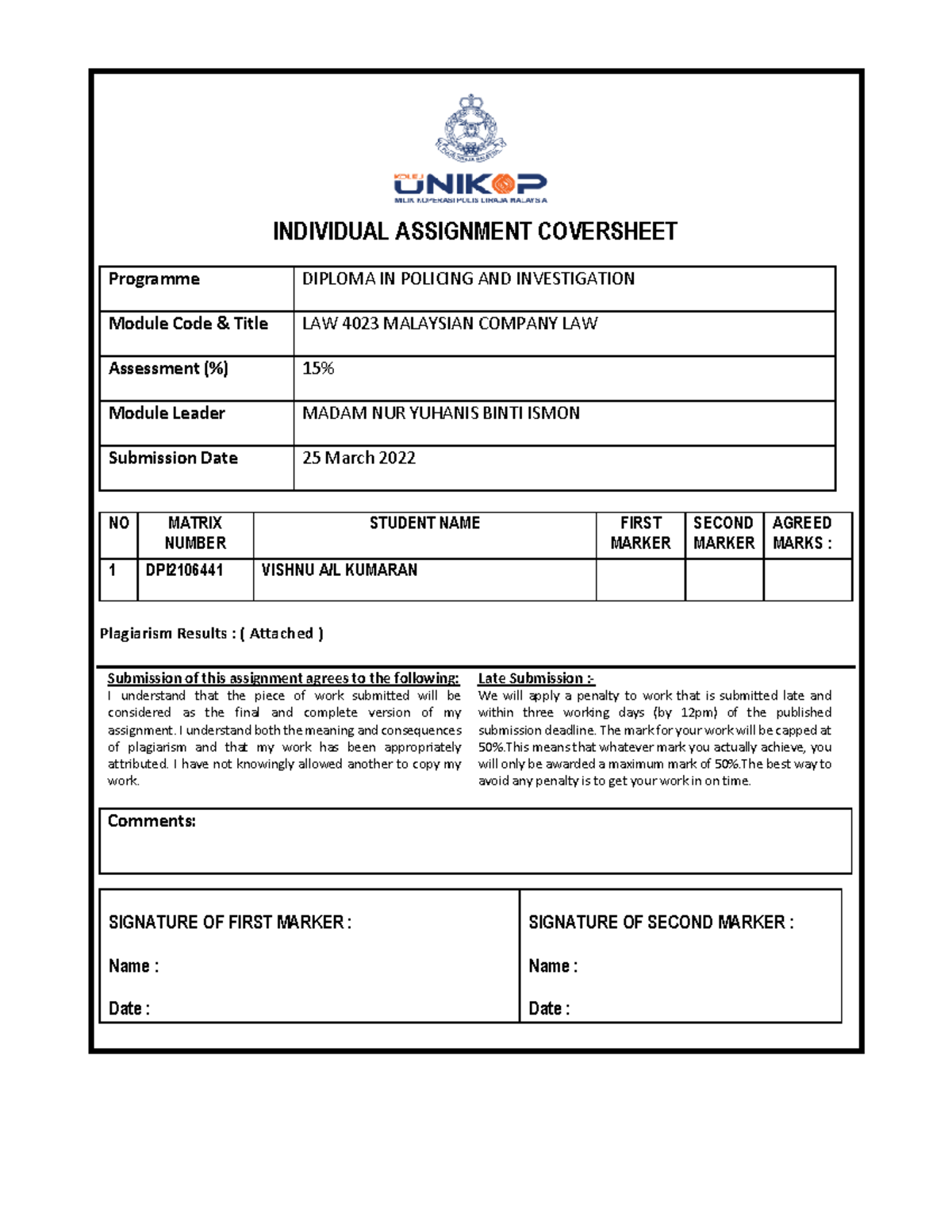 Cover Sheet LAW 4023 - INDIVIDUAL ASSIGNMENT COVERSHEET Programme ...