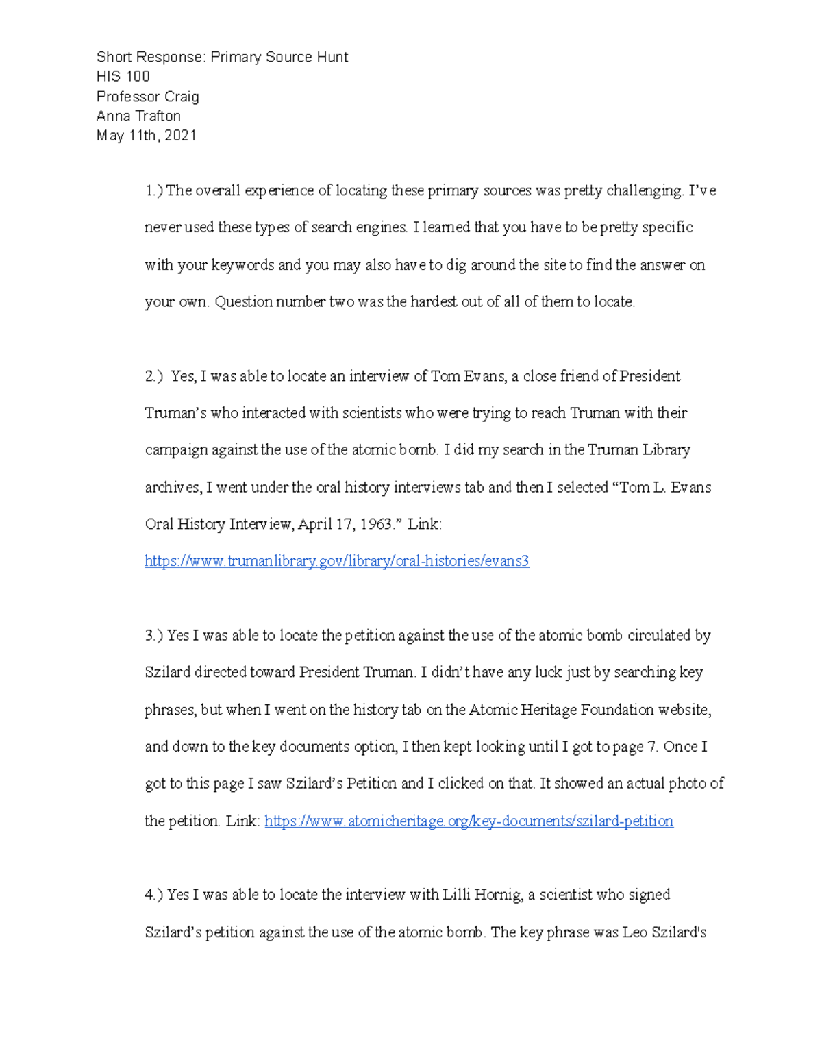 Short Response Primary Source Hunt - ) The overall experience of ...