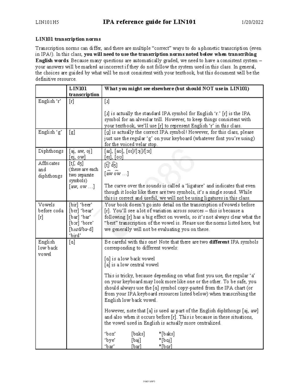 LIN101 IPA reference - In this class, you will need to use the ...