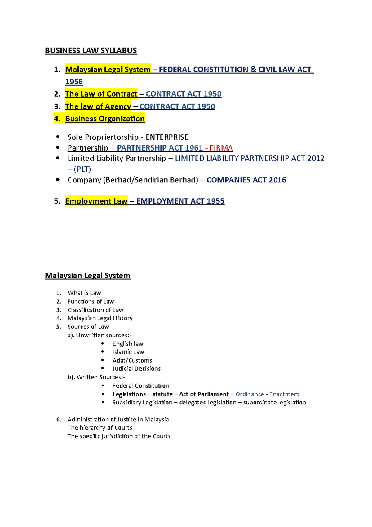 Business LAW Syllabus - credit to Sir Zawawi - BUSINESS LAW SYLLABUS 1 ...