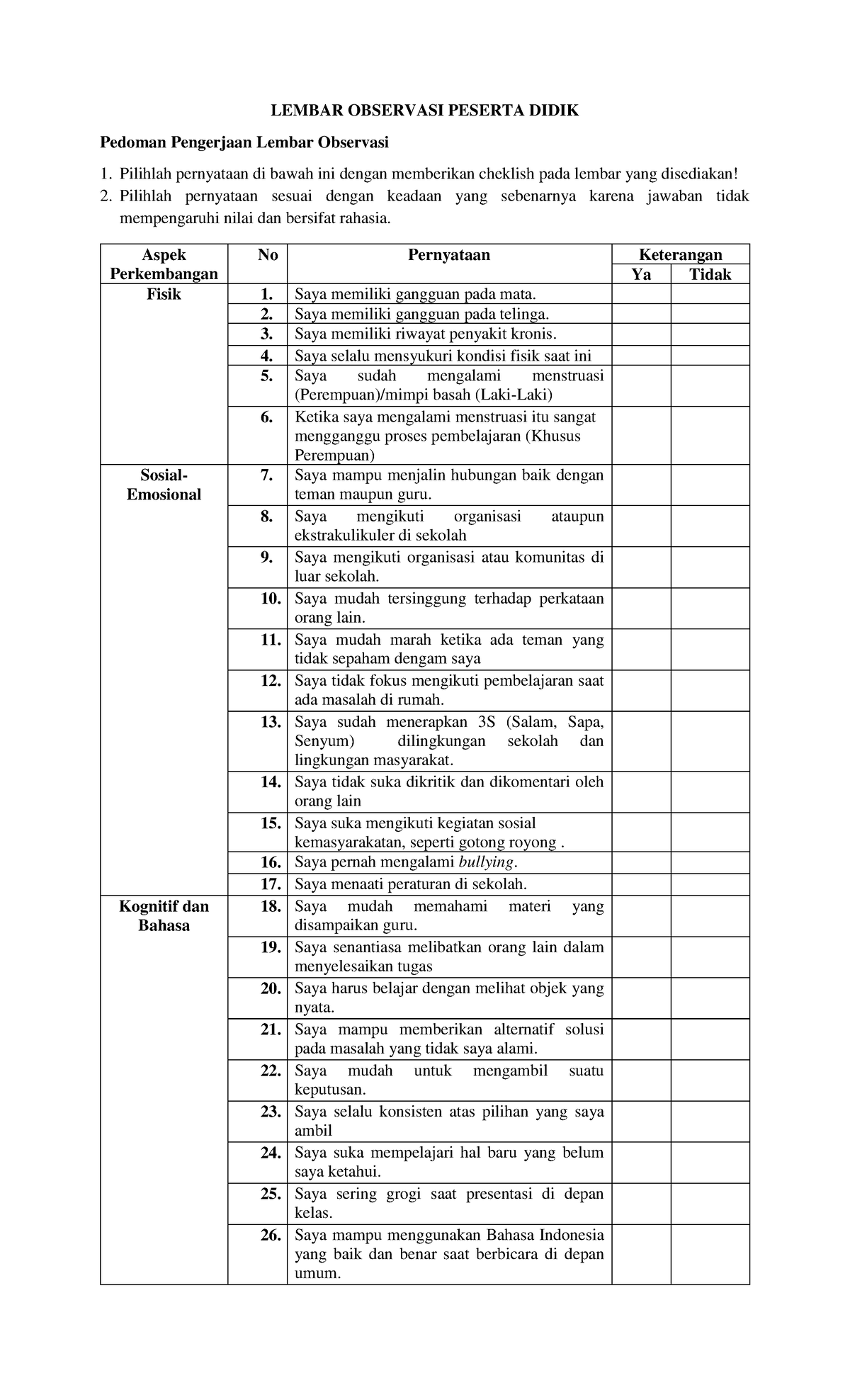 Profiling Lembar Observasi peserta didik - LEMBAR OBSERVASI PESERTA ...
