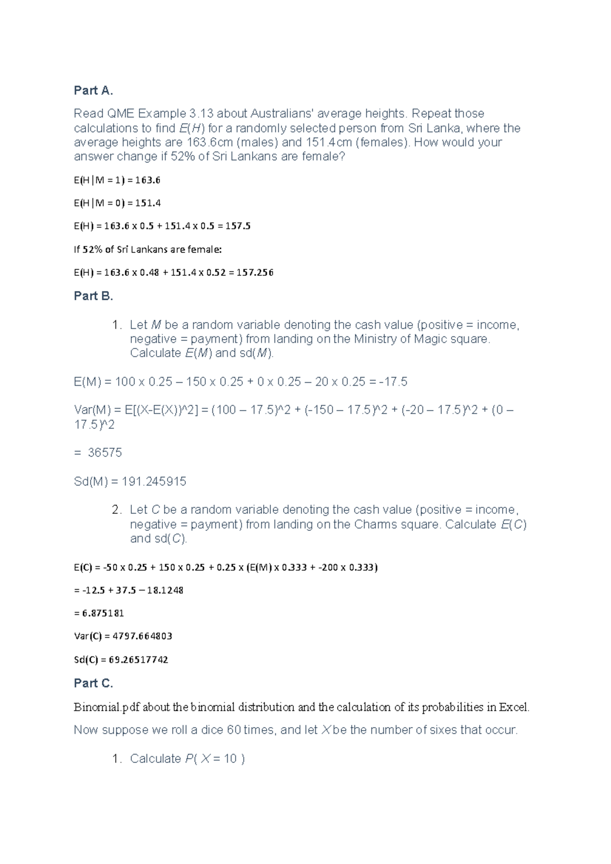 Prequiz week 4 - Week 4 Tutorial Work - Part A. Read QME Example 3 ...