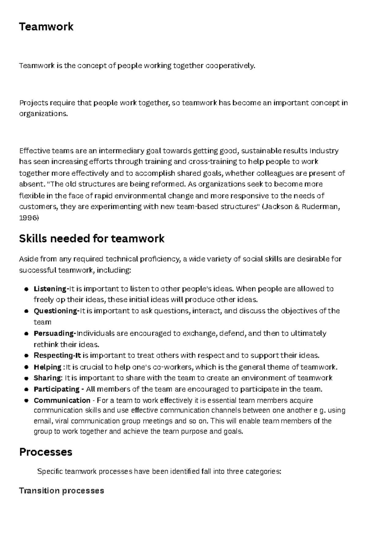 Ch3 Teamwork - Teamwork Teamwork is the concept of people working ...