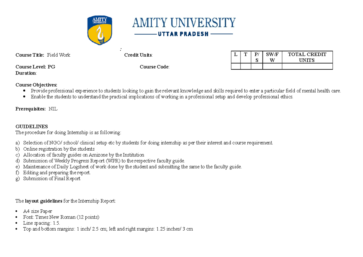 New Syllabus 11522018 4950056 - : Course Title: Field Work Credit Units ...