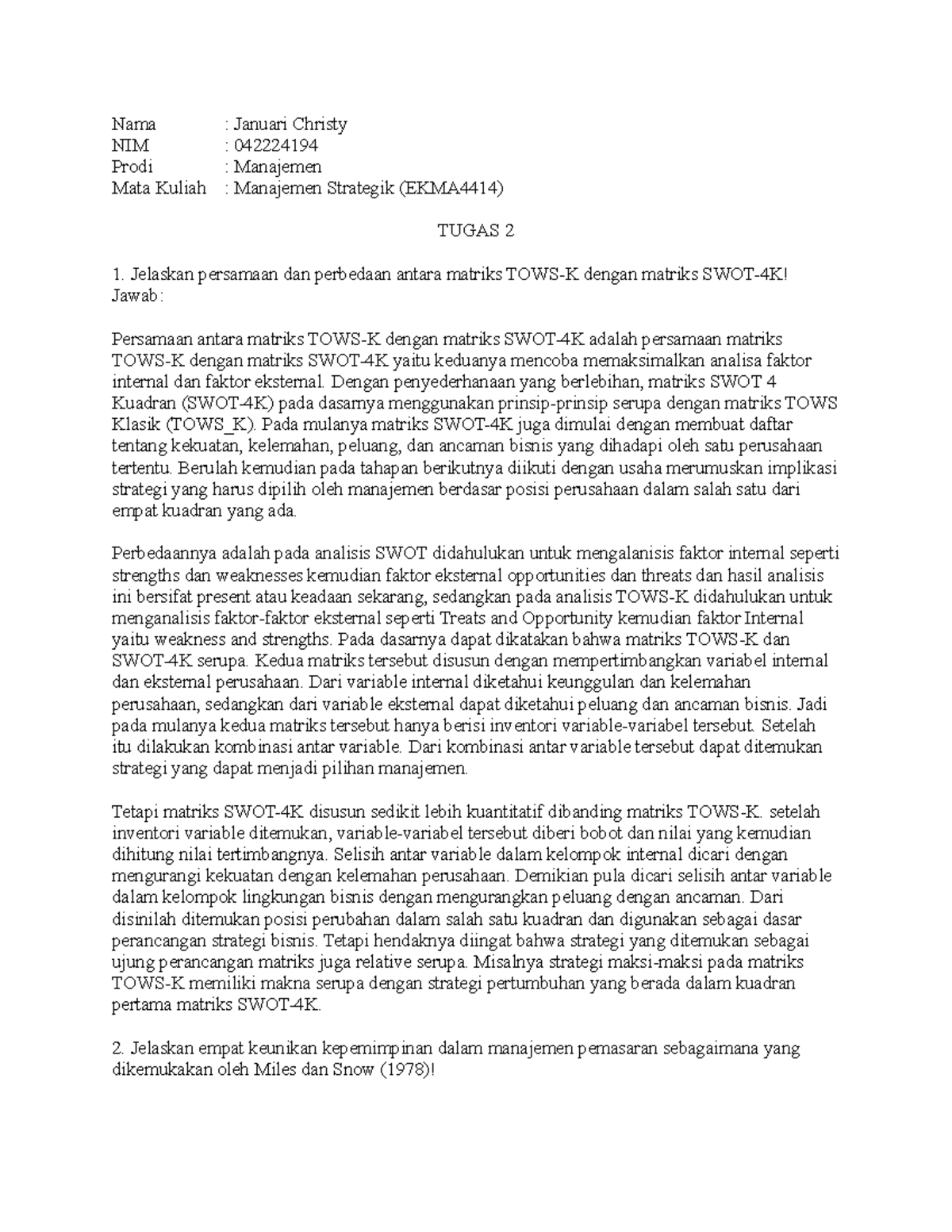 042224194 Januari Christy Tugas 2 - Nama : Januari Christy NIM ...