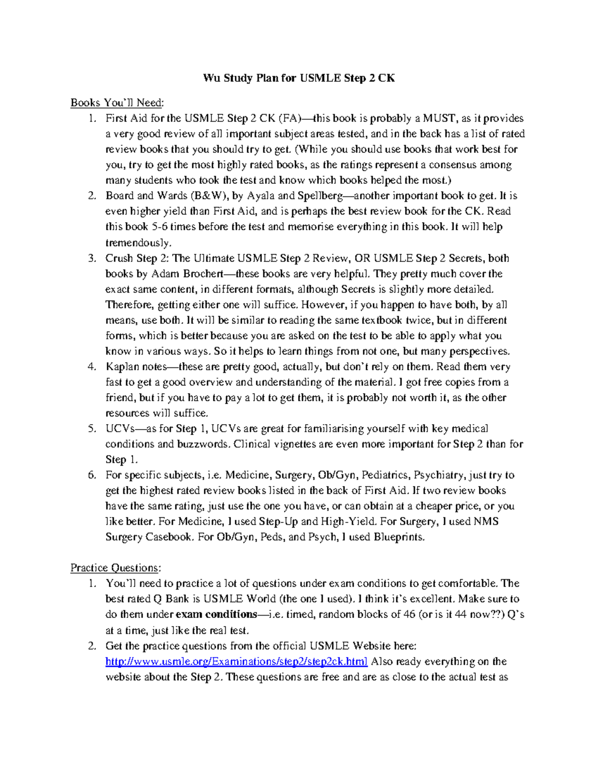 Wu Step 2CKStudy Plan - khg,khkgkhb.kj - Wu Study Plan for USMLE Step 2 ...