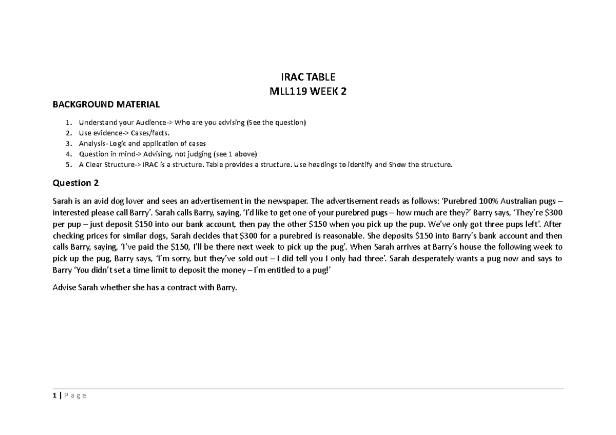 IRAC Planning Table and Sample Answers for Sarah and Barry Problem ...