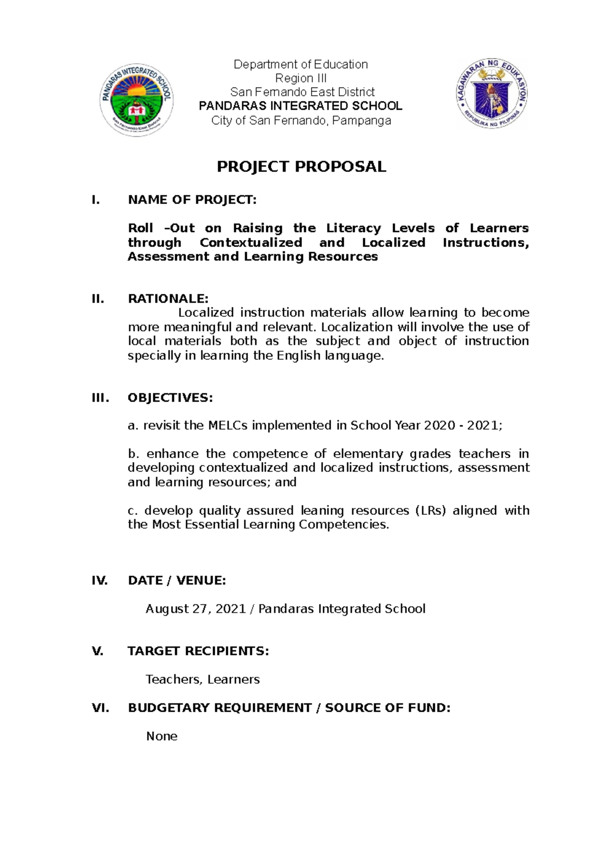 Proposal - Department of Education Region III San Fernando East ...