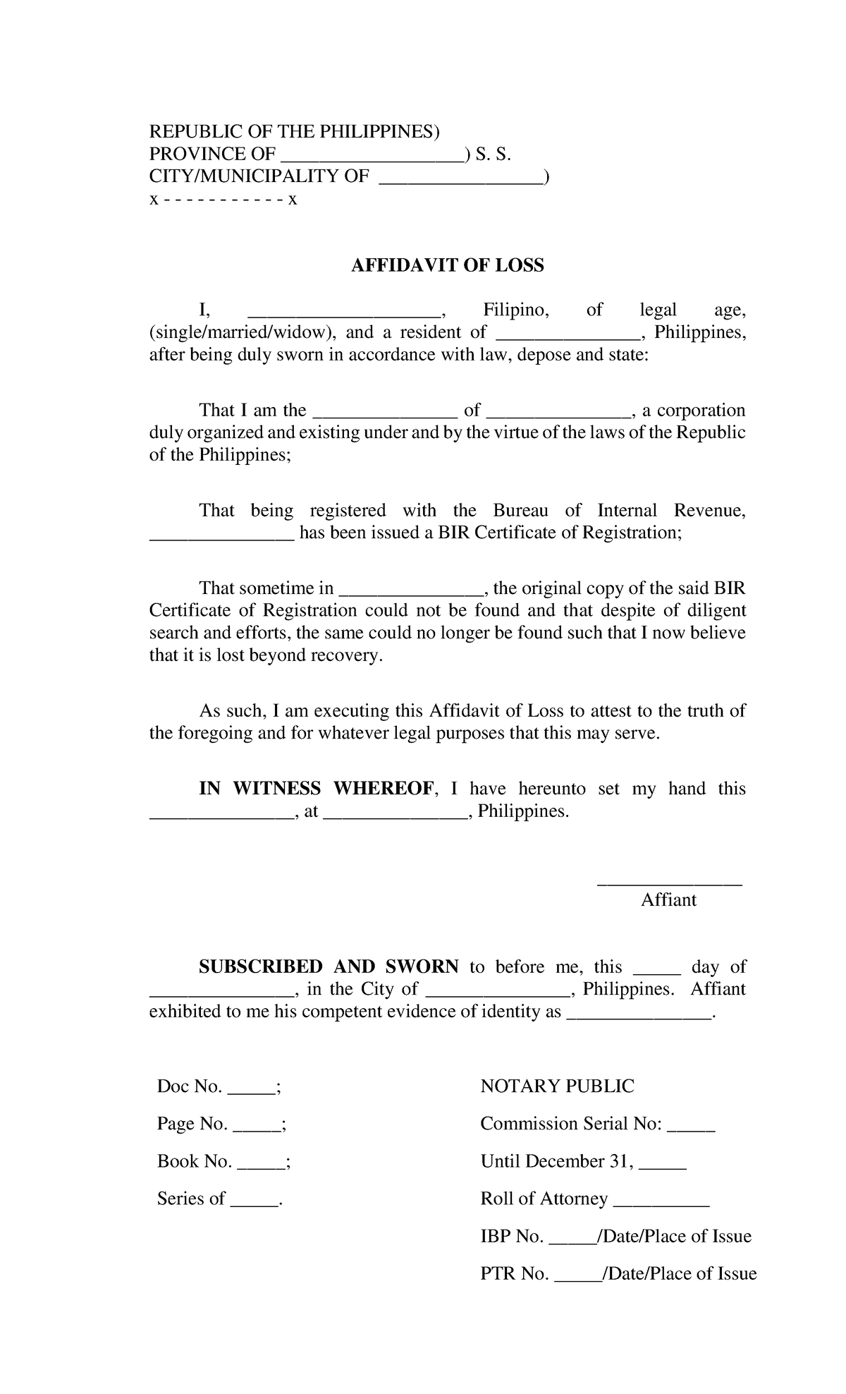 BIR Certificate of Registration - REPUBLIC OF THE PHILIPPINES) PROVINCE ...