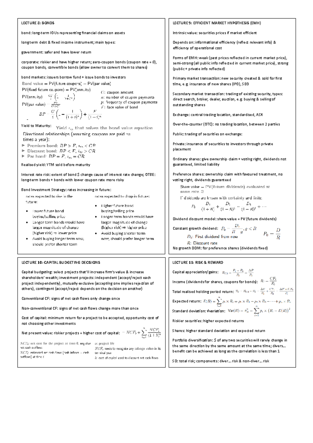 ACST1001 Formula Sheet - LECTURE 8: BONDS bond: long-term IOUs ...