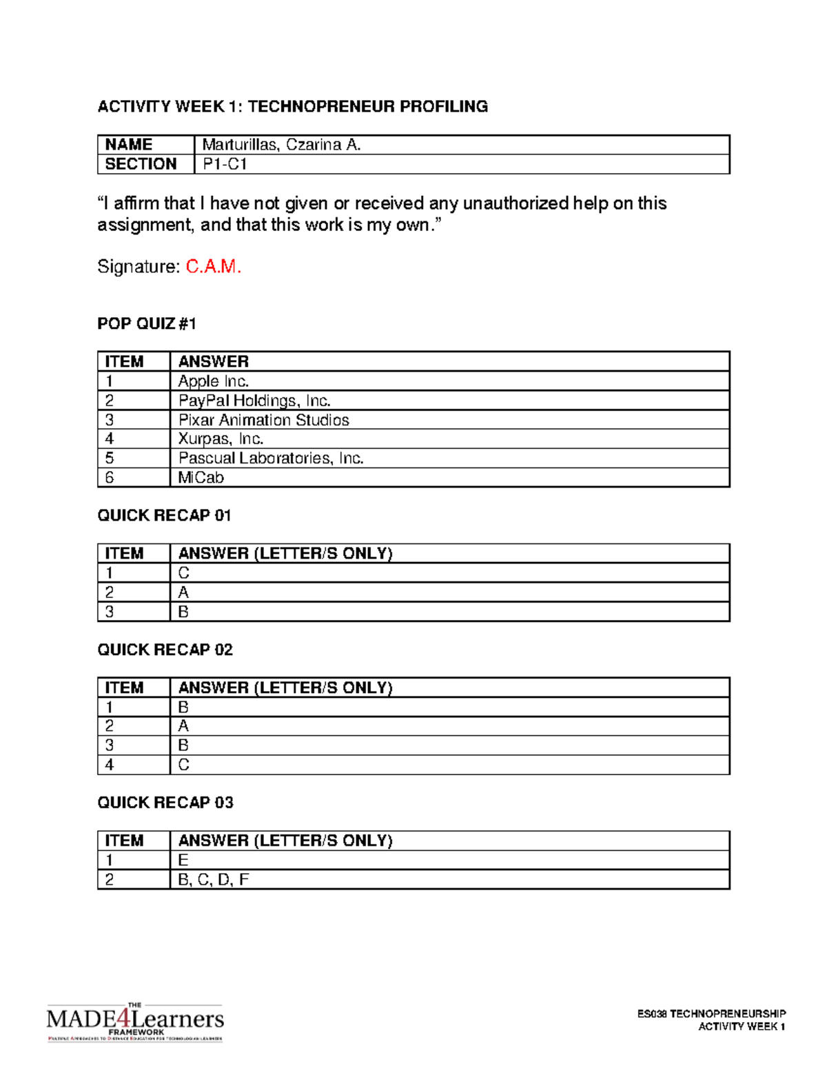 Output #1 - Introduction to Technopreneurship (Answers to Questions ...