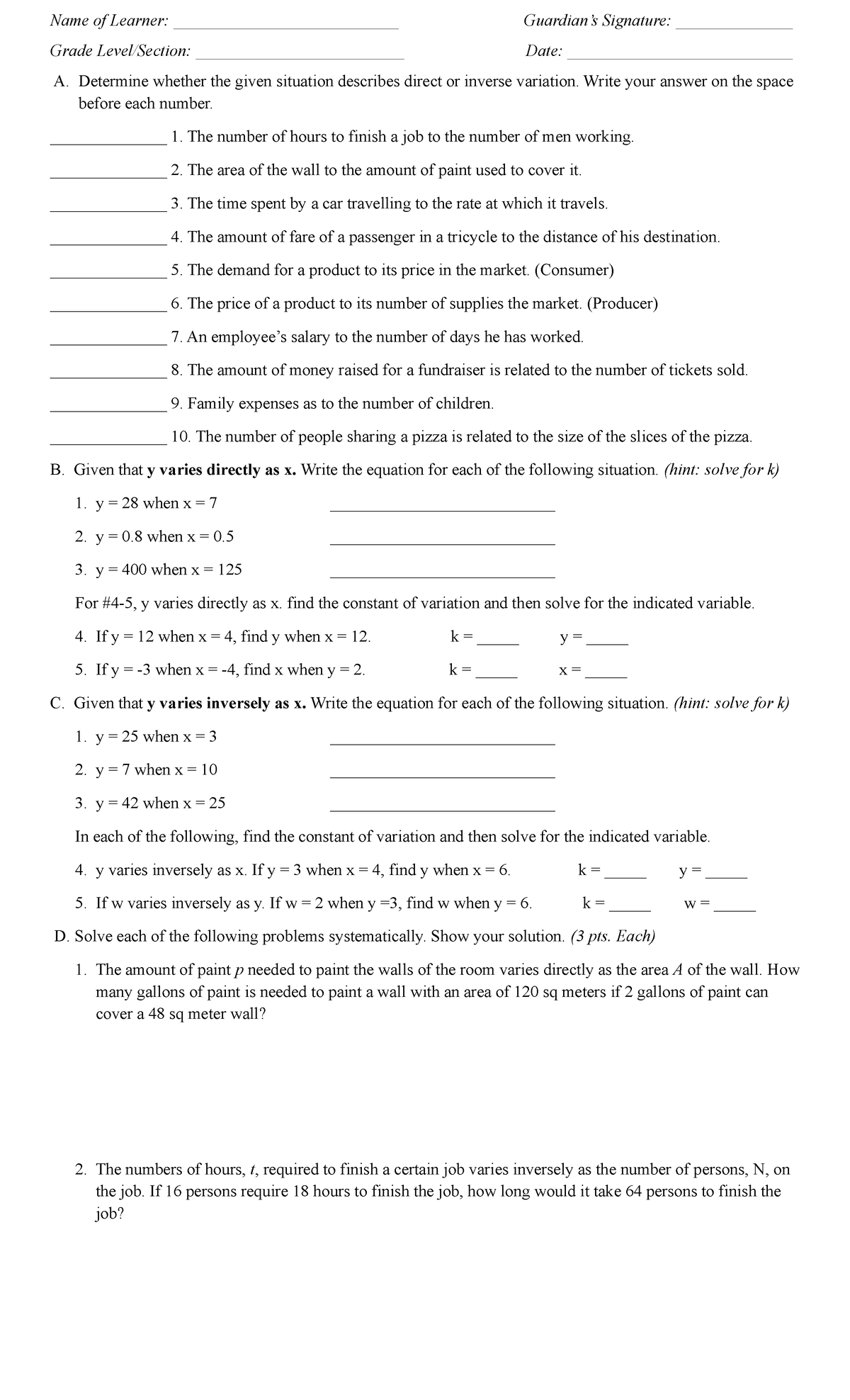 Math 9 Variations Worksheet - Name of Learner ...