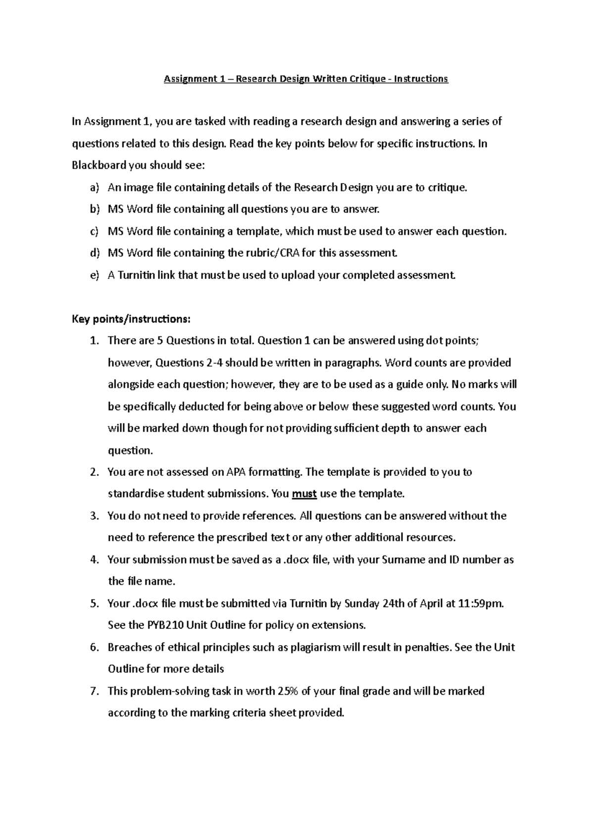 Assignment 1 Instructions - Assignment 1 – Research Design Written ...