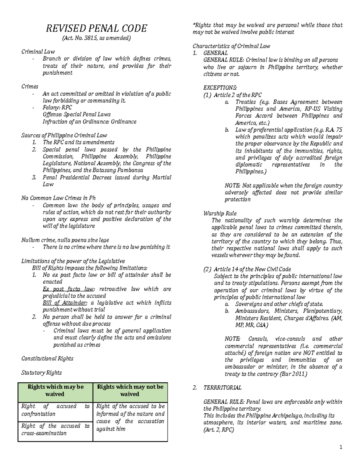 Criminal Law 1 Reviewer REVISED PENAL CODE Act No 3815 As Amended