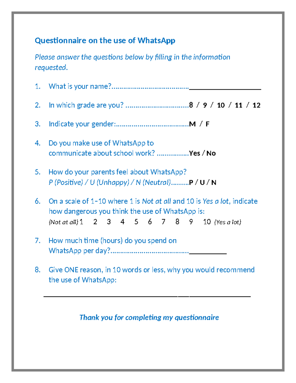 Questionnaire Whats App - Questionnaire on the use of WhatsApp Please ...