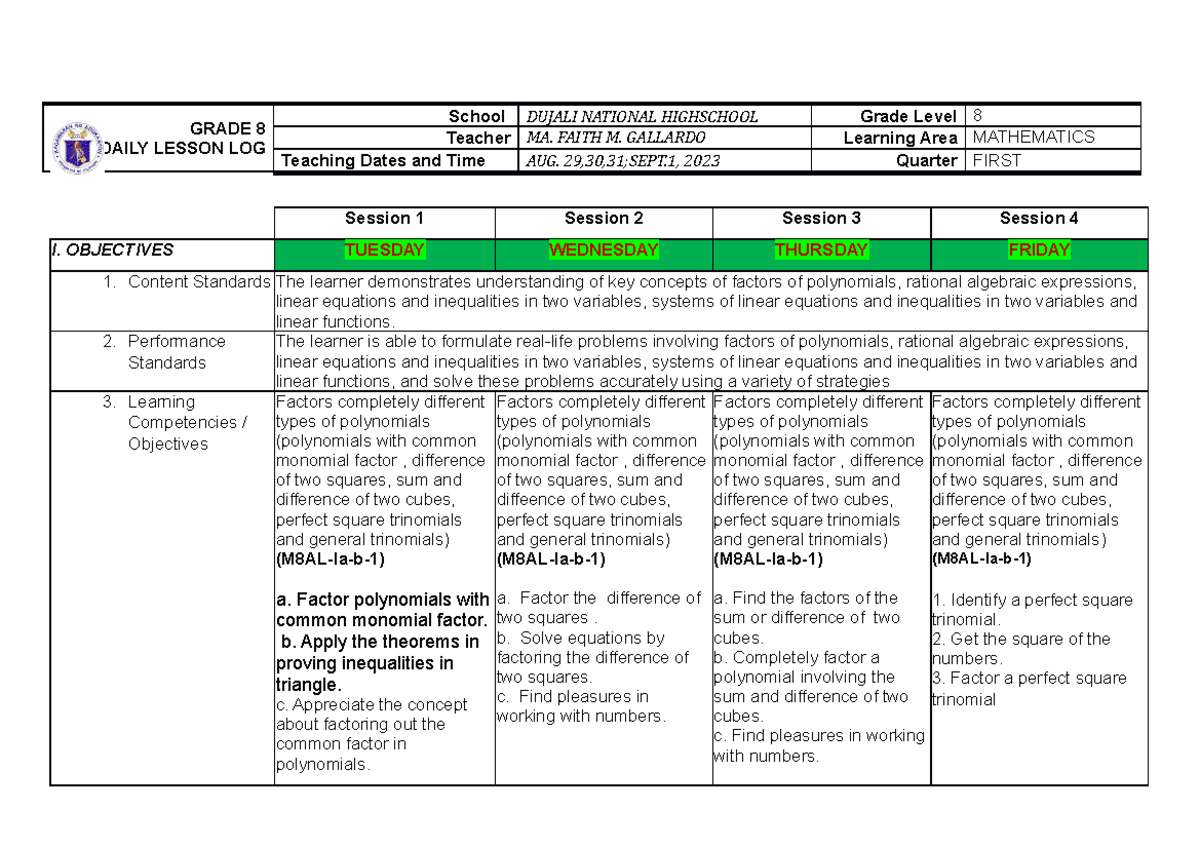 G8DLL Q1W1 LC01 - good - GRADE 8 DAILY LESSON LOG School DUJALI ...