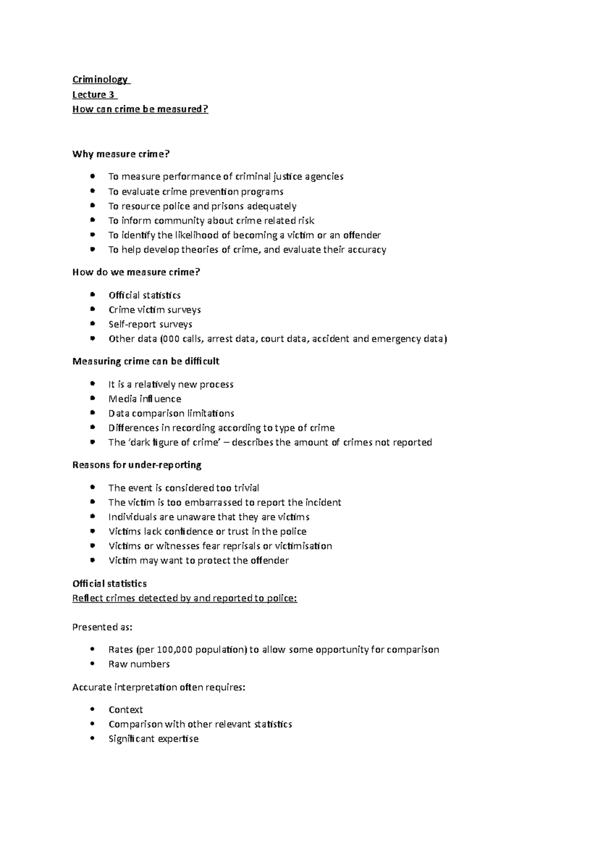 Crim lecture 3 - notes - Criminology Lecture 3. How can crime be ...